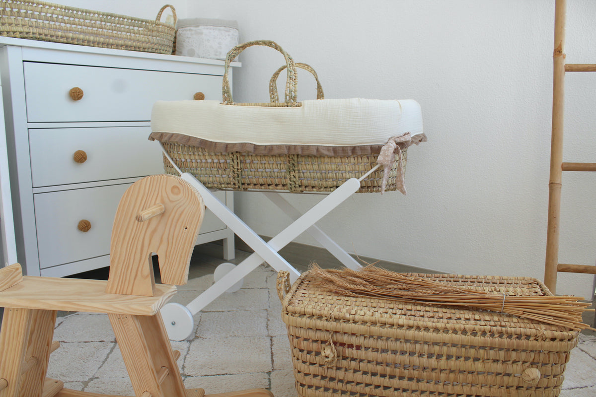 Alcofa de Verga | Musselina Bege Folhas – Baby Tower